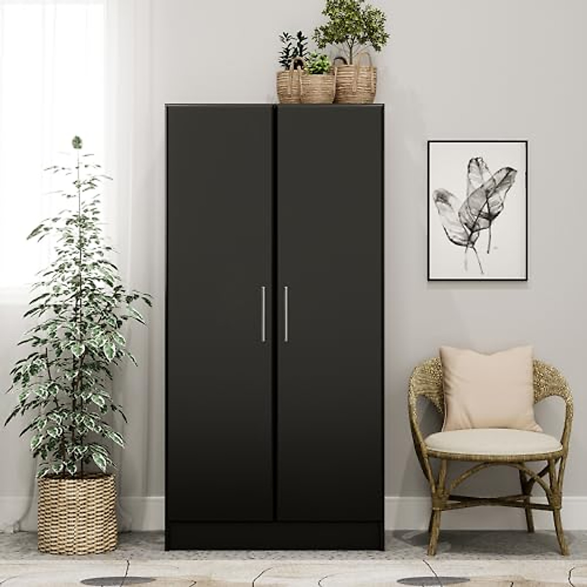Prepac Elite 32" Storage Cabinet Closet, Black Storage Cabinet, Linen Cabinet, Wardrobe Cabinet with Hanging Rail and Shelves 24.5" D x 32" W x 65" H