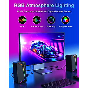 SOULION R40 Computer Speakers, USB/Bluetooth V5.3 Desktop Speakers for PC Monitor Gaming, with Customize 6 Lighting Effects, 2.0 Channel Surround Stereo & Quality Bass