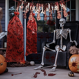 Poen 6 Pcs Halloween Bloody Body Bag 23.6 x 63 Inch Bloody Bag for Body Creepy 4 Pcs Halloween Garland Banner Fake Hands Knives Banners 4 Sheets Bloody Stickers for Haunted House Yard Decor