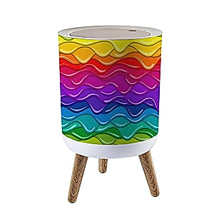 Small Trash Can with Lid Bright Rainbow Glaze Seamless Texture for Fabric Wrapping Decorative Garbage Bin Wood Waste Bin Press Cover Round Wastebasket for Bathroom Bedroom Diaper Office Kitchen