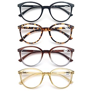 MODFANS Women Reading Glasses 4Pack Large Round Frame Readers Spring Hinges with 4 Pouch