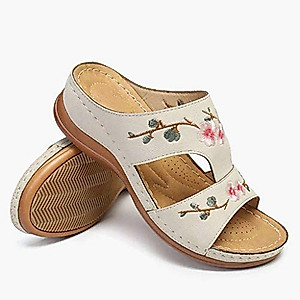 Aniywn Summer Slippers Womens Wedge Heel Embroidery Floral Sandals Women's Shoes Open Toe Arch Support Women Shoes
