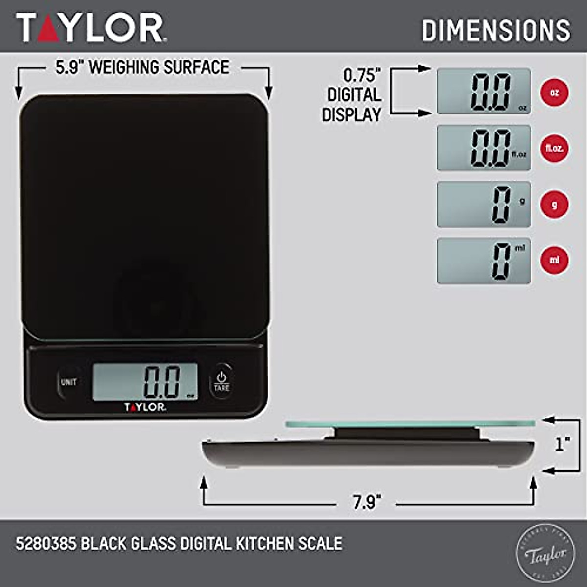 Taylor Glass Top Food Scale with Touch Control Buttons, 11 lb Capacity, Black