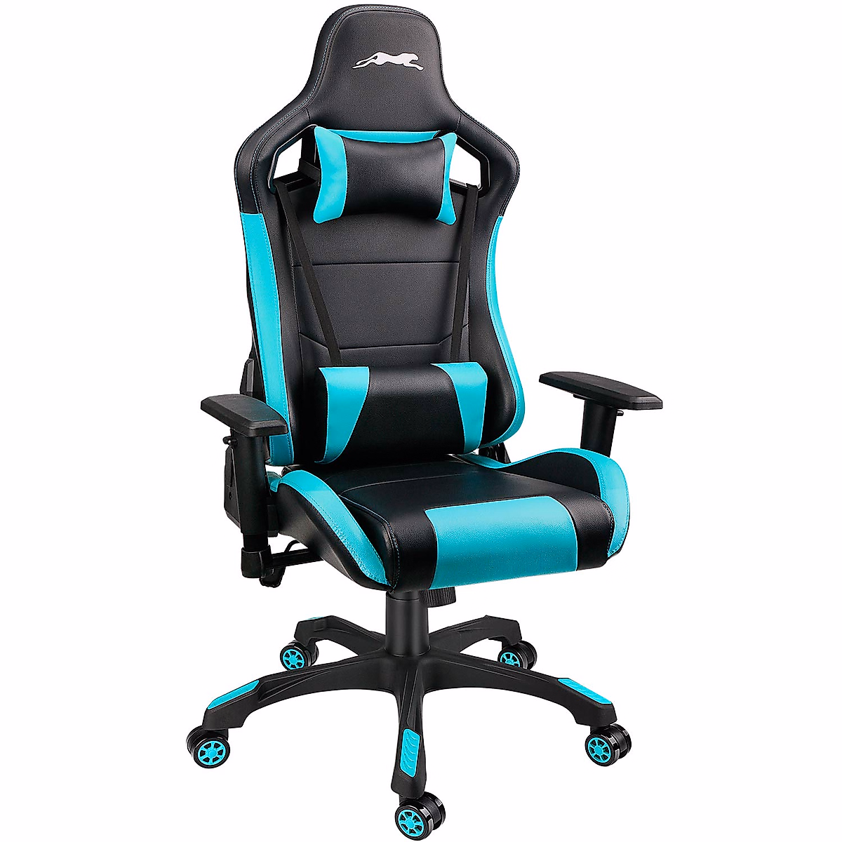 Leopard Gaming Chair, High Back PU Leather Office Chair, Adjustable Video Gaming Chairs, Swivel Racing Chair with Adjustable Armrest (Black/Light Blue)