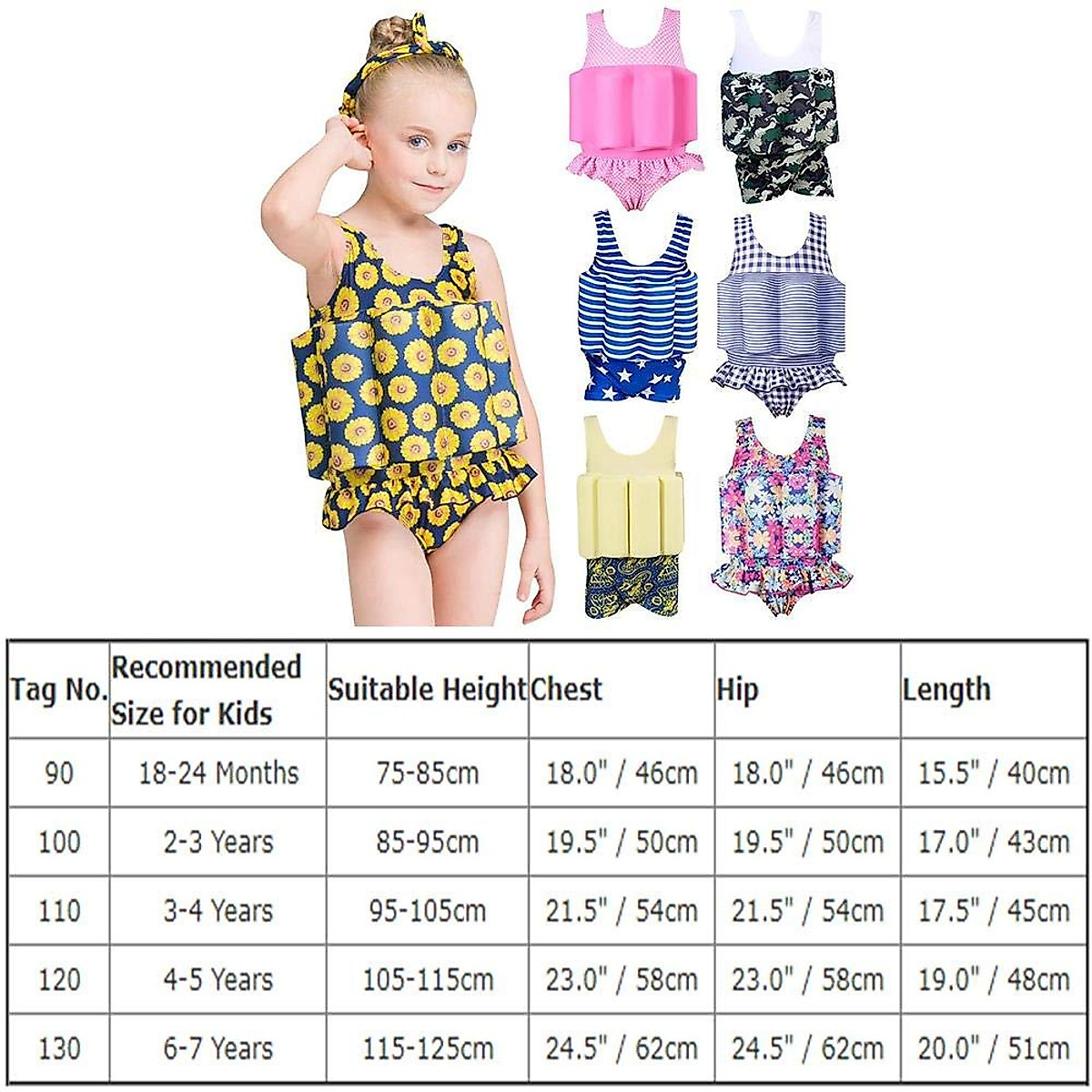 Kids Baby Girls Float Suit Floral Floatation Swimsuit with Adjustable Buoyancy Bathing Swimwear Toddler One Piece Swimming Suit Summer Sleeveless Ruffle Tutu Swim Dress Colorful Floral 18-24 Months