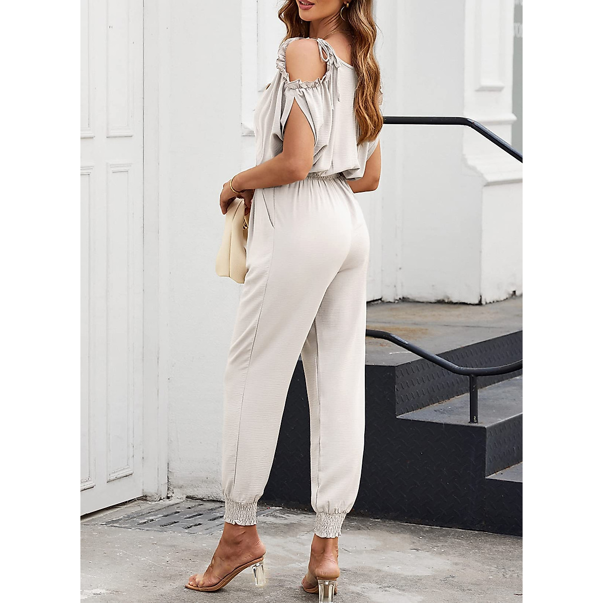 Dokotoo Jumpsuits for Lady Dressy One Piece Lighweight Long Pants Resort Wear Rompers High Waist Cold Shoulder Outfits for Summer,Beige Medium