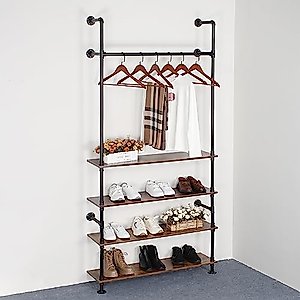 OUBITO Industrial Pipe Clothing Rack,Commercial Grade Pipe Clothes Racks,Heavy Duty Wall Mounted Closet Storage Rack,Hanging Clothes Retail Display Rack Garment rack,Black 4 Board