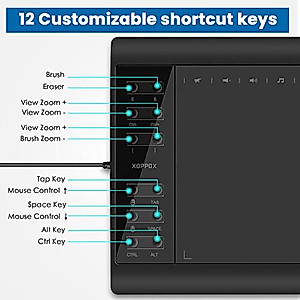 XOPPOX Graphics Drawing Tablet 10 x 6 Inch Large Active Area with 8192 Levels Battery-Free Pen and 12 Hot Keys, Compatible with PC/Mac/Android OS for Painting, Design & Online Teaching