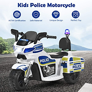 Costzon Kids Ride on Police Motorcycle, 6V Battery Powered Motorcycle Trike w/Horn, Headlight Police Light, 3-Wheel Design, Forward/Reverse, ASTM Certification, Gift for Boys Girls (White)