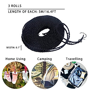 Tighall 3 Pack Nylon Windproof Clothesline 1.64ft Length Adjustable Clothesline Camping Clothesline Clothes Drying Rope Portable Laundry Line Hanger Rope for Indoor Outdoor Camping Home Hotel| Black