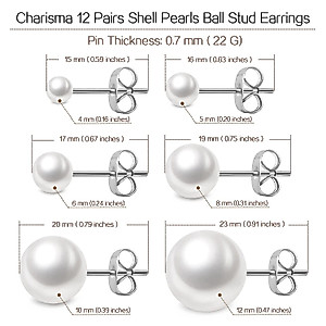 Charisma 4-12mm Composite Round Ball Pearls Stud Hypoallergenic 12 Pairs Mixed Sizes Imitation Pearl Stainless Steel Earrings Set for Girls Women