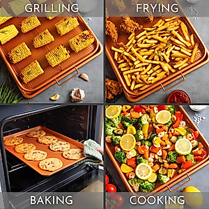 Copper Crisper Tray Non-Stick Oven Baking Tray with Elevated Mesh Crisping Grill Basket 2 Piece Set Extra Large 13"X19" – by Nuovva