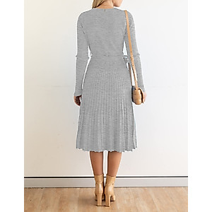 ZESICA Women's Fall Long Sleeve Wrap V Neck Ribbed Knit Pleated A Line Pullover Sweater Dress with Belt,Grey,Small