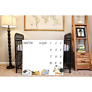 LUCKBTY Baby Month Milestone Blanket Puppy Pet Dog Blanket | Swaddle Toddler Set | Hospital Receiving Blanket Newborn Boy Girl Unisex Neutral with Frame & Floral Wreath 48"x40" BTXYLU78