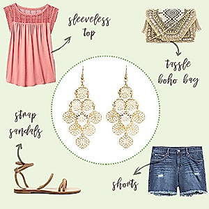 Boho Geometric Filigree Rhombus Shape Tiered Dangle Drop Statement Earrings (SHINE GOLD)