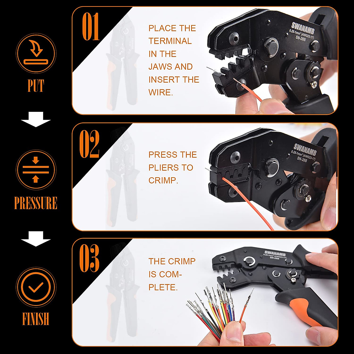 SWANAMB Crimping Tool Kit, AWG23-17 Self-adjustable Ratchet Wire Crimper Plier Set Crimping tools Kit with 1550PCS Male and Female 2.54mm dupont Terminals Crimping Connectors Wire End Ferrules