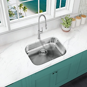 KBFmore 23 Inch Single Bowl ADA Compliant Stainless Steel Kitchen Sink, Rust Resistant Sound and Heatproof Shallow Drain 18 Gauge Undermount Sink with Sink Strainer and Removable Garbage Basket