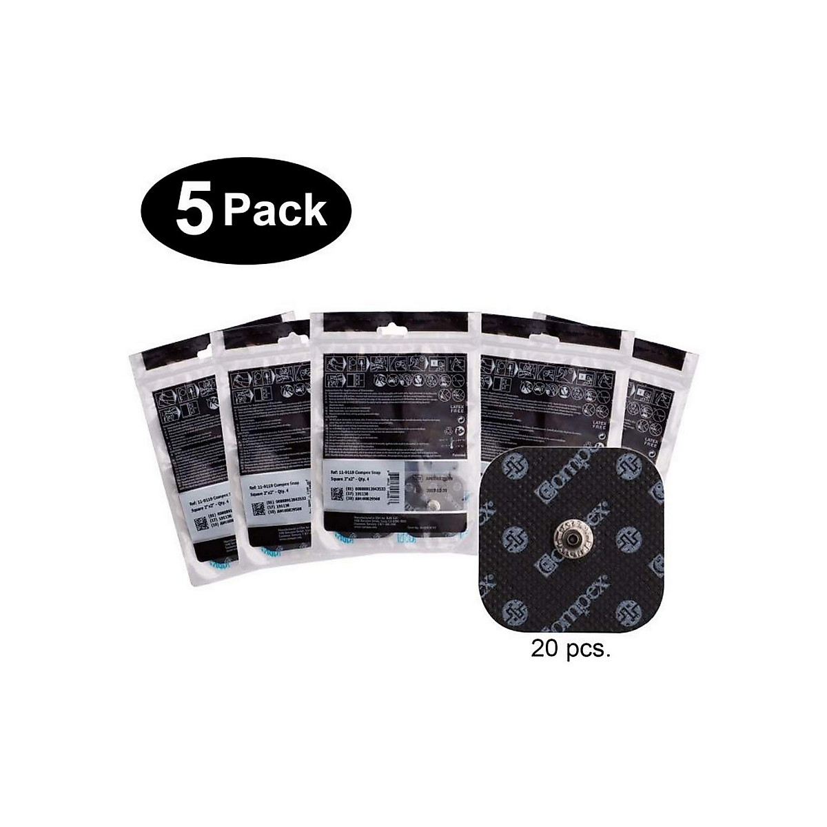 Compex Easy Snap Electrodes 2in x 2in for Edge, Performance, Sport Elite, Wireless Muscle Stimulators, 4 Count (Pack of 5)
