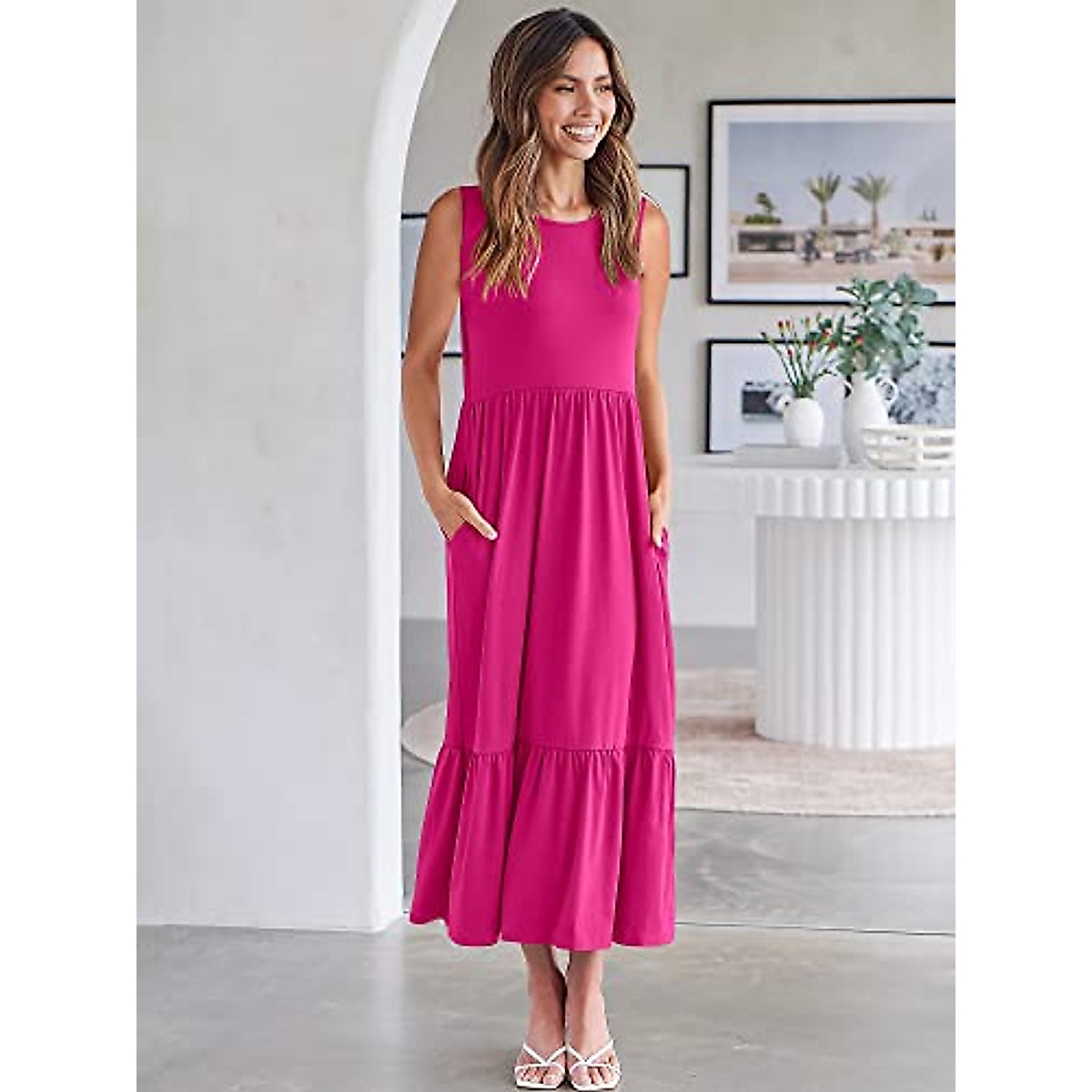 ANRABESS Women's Summer Casual Sleeveless Crewneck Swing Sundress Fit & Flare Flowy Tiered Maxi Dress with Pockets 499shenmeihong-XL Rose
