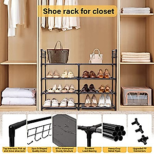 Elechotfly 16-20 Pairs Shoe Storage Organizer, 4 Tiers Shoe Rack/Stand, Easy Assembly Stackable Sturdy Shoe Tower with 2 Hooks, Metal Shelf for Entryway, Closet, Garage, Bedroom, Cloakroom