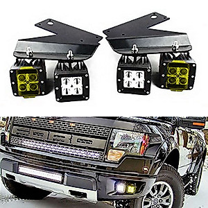 iJDMTOY LED Pod Light Fog Lamp Compatible With 2010-14 Ford SVT Raptor, Includes (4) 20W High Power Xenon White LED Cubes, (2) Amber Lens, Foglight Location Mounting Brackets & On/Off Switch Wiring