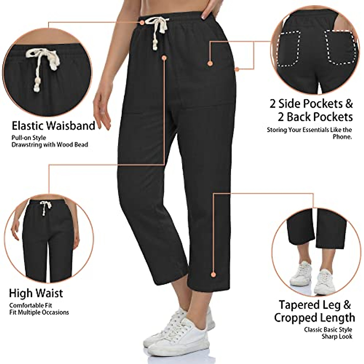 sherelie Linen Pants for Women, Drawstring 4 Pockets High Waisted Lounge Casual Pull-On Beach Pants, Black, XL