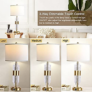 QiMH Gold Table Lamp for Living Room, Bedside Lamps for Bedrooms with Touch Control USB Ports, Modern Nightstand Lamp White Shade Home Lighting Decor (2700K LED Bulb Included)
