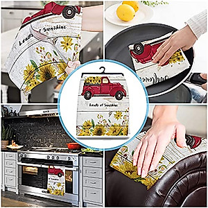 Kitchen Towels – 28”x 18”Large Kitchen Hand Towels Red Truck Loads of Sunflower on The Wooden Board Soft Microfiber and Absorbent Towels Set with Hanging Loop