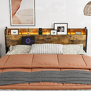 IKIFLY King Size Storage Headboard with Charging Station & LED Lights, Headboard for King Size Bed Frame, Industrial King Headboard Only with Storage for Bedroom, Attach Frame, Rustic Brown