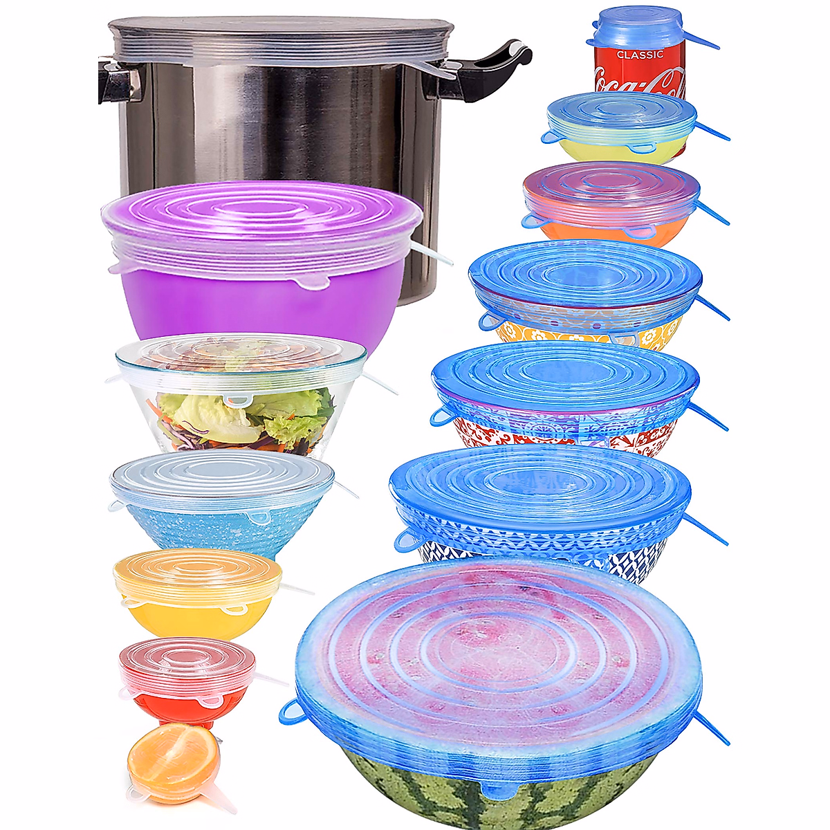 longzon Silicone Stretch Lids 14 Pack Include 2Pcs XXL Size up to 9.8'' Diameter, Reusable Durable Food Storage Covers for Bowl, 7 Different Sizes to Meet Most Containers, Dishwasher & Freezer Safe