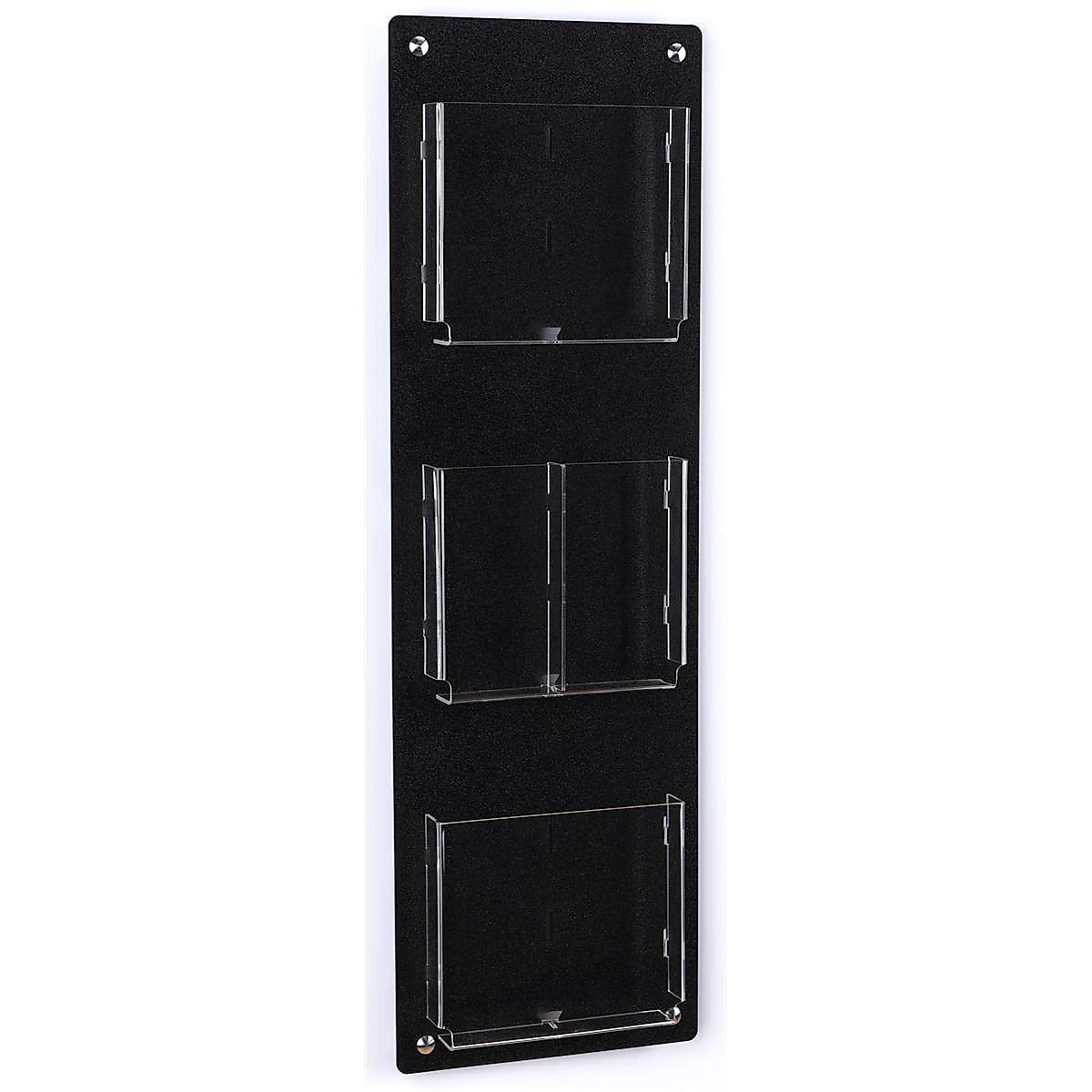 Displays2go Tiered Magazine Holder for Wall, 3-6 Adjustable Pockets, Frameless Acrylic - Black (2RP3BLK)