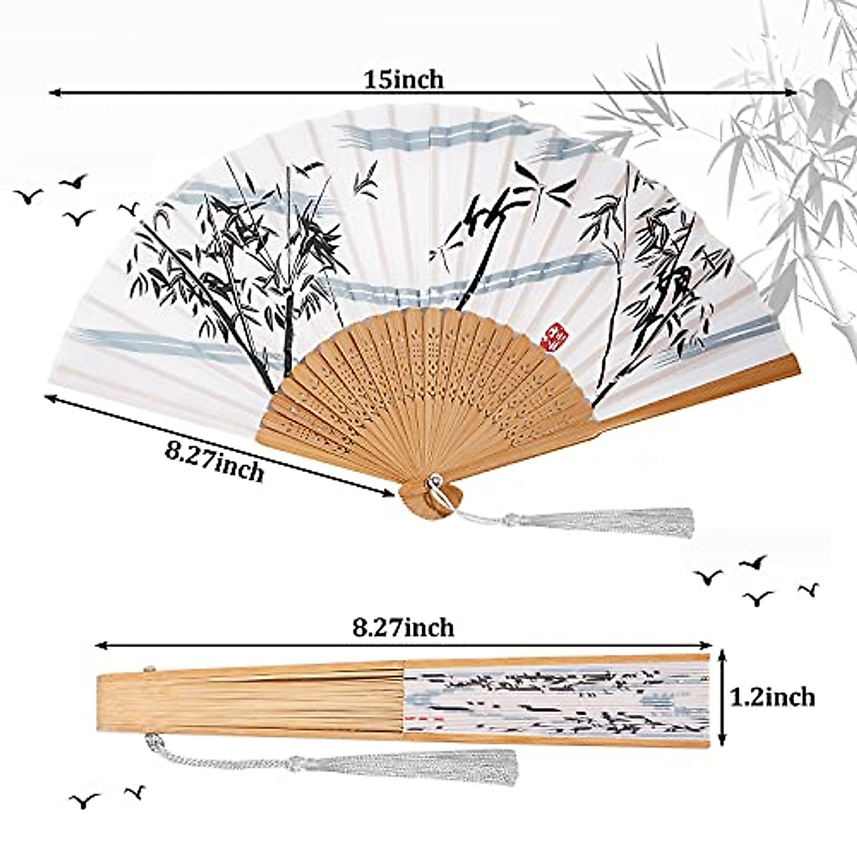 Jetec 12 Pieces Floral Folding Hand Fans Chinese Style Bamboo Folding Fan Vintage Pattern Hand Fan Handheld Fabric Folding Fan with Tassel Women's Hollowed Bamboo Hand Holding Fan for Wedding Party