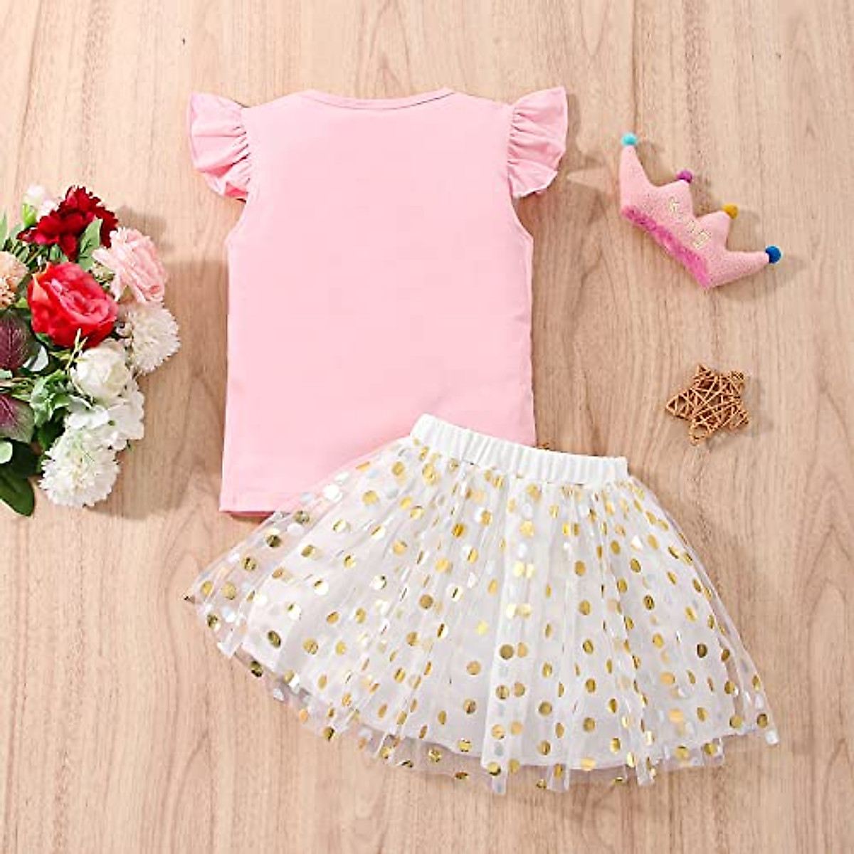 vivifayee Toddler Kids Baby Girls Birthday Princess Outfits Vest Sleeveless T Shirt Polka Dots Tutu Skirt Set with Crown 3Pcs Summer Dress