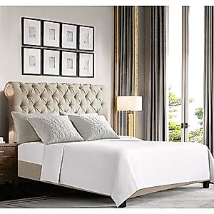 Rosevera Atherine Upholstered Bed Frame/Fabric Upholstered Bed Frame with Adjustable Headboard/Chesterfield-Styled/Rolled Head/Wood Slat Support/Easy Assembly,King,Natural Beige