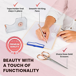 Every Desk Rose Gold Office Supplies for Desk - Rose Gold Desk Accessories Set with Cute Stapler, Tape Holder, Staple Remover, 2 Pens, Scissors, and More - Stylish Office Supplies Kit
