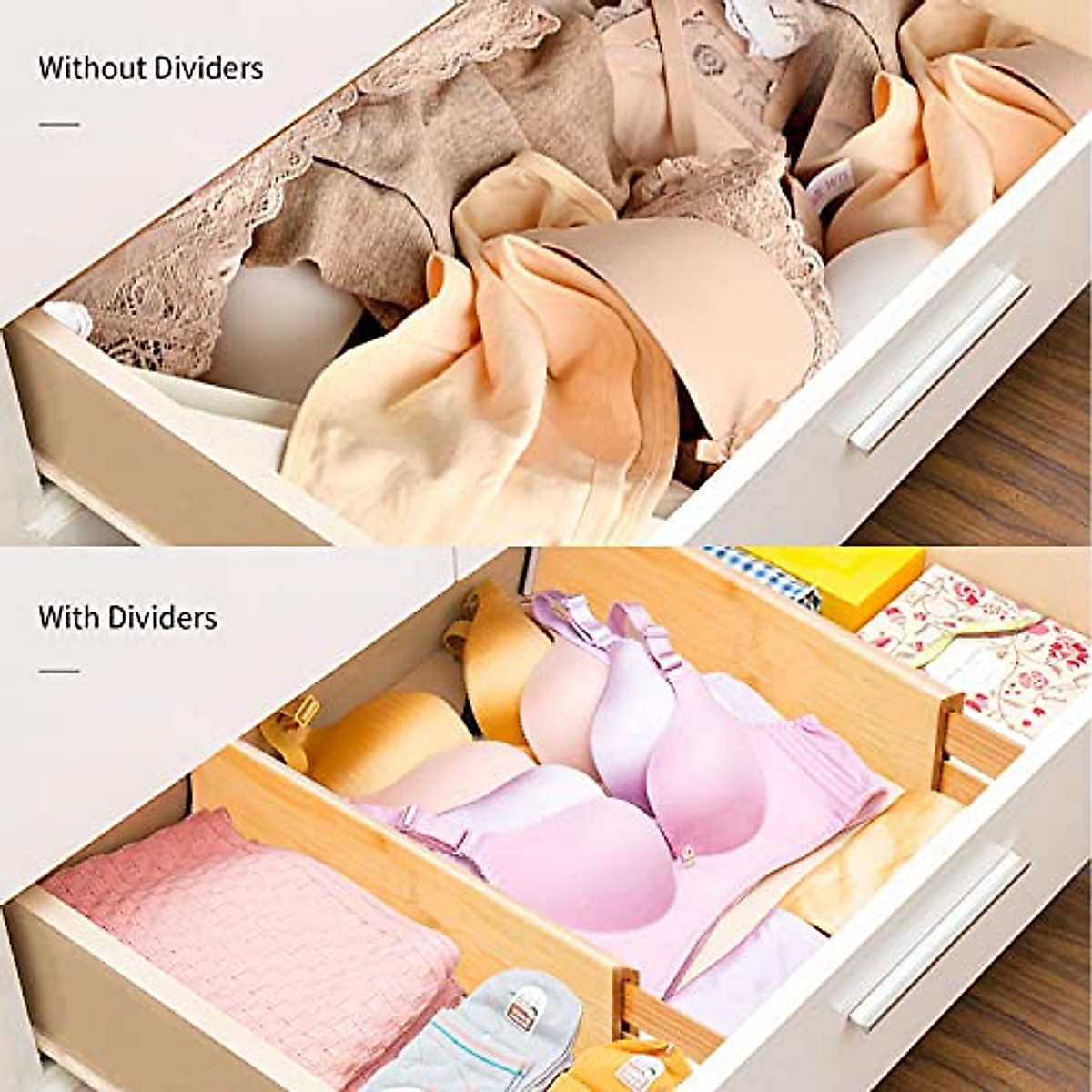 Utoplike 4 pcs Bamboo Kitchen Drawer Dividers 16.8-21.8IN) and Bamboo Expandable Kitchen Drawer Organizer, Adjustable Utensil Holder Set
