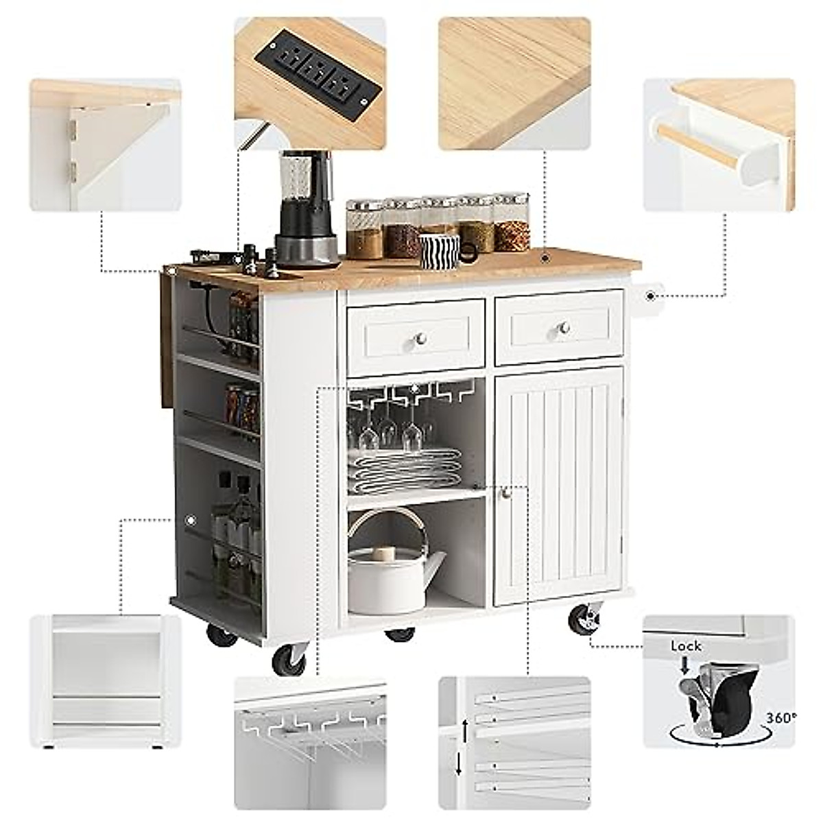 FRITHJILL Kitchen Storage Island with Power Outlet and Drop Leaf, Rolling Kitchen Cart with Spice Rack and Drawer, for Kitchen and Dining Room, White