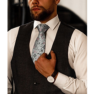 HISDERN Check Floral Dot Tie Handkerchief Wedding Party Woven Classic Men's Necktie & Pocket Square Set,Gray & Pink,One Size