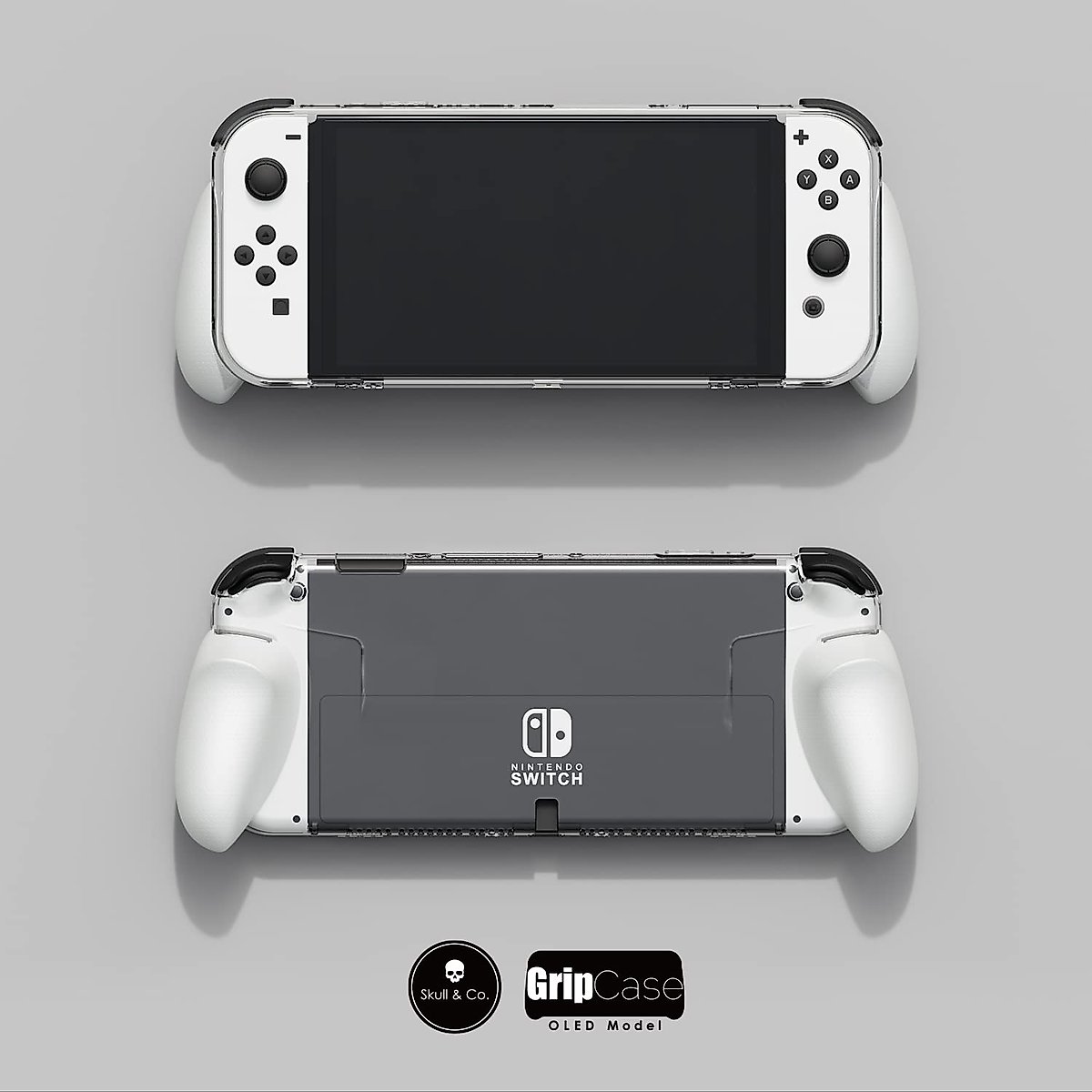 Skull & Co. GripCase OLED Bundle: A Dockable Transparent Protective Case with Replaceable Grips [to fit All Hands Sizes] for Nintendo Switch OLED Model- OLED White