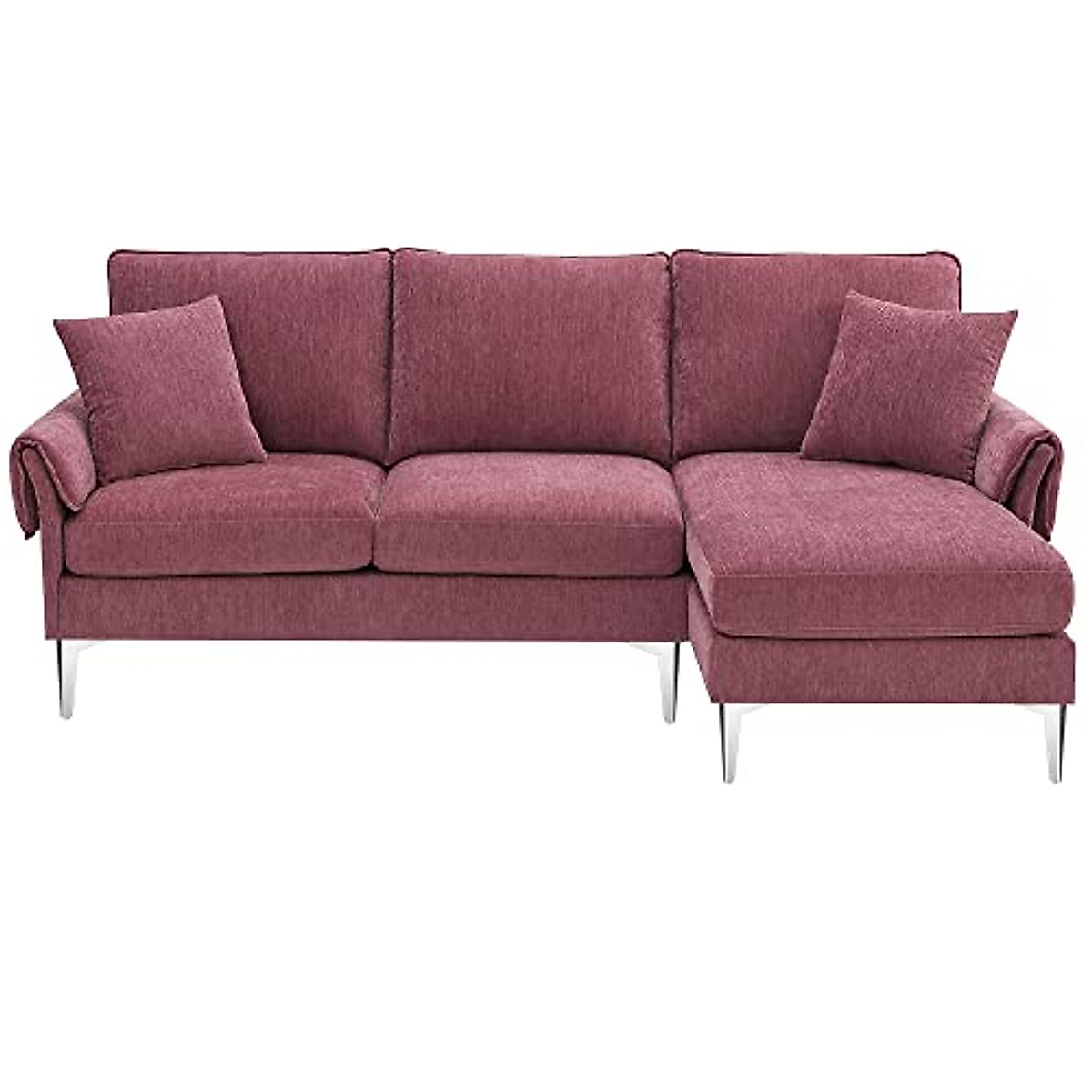 Polibi 84" L-Shaped Convertible Sectional Sofa, Modern Chenille 3-Seat Sofa Couch with Reversible Chaise Lounge, 2 Pillows and Metal Legs for Living Room, Pink
