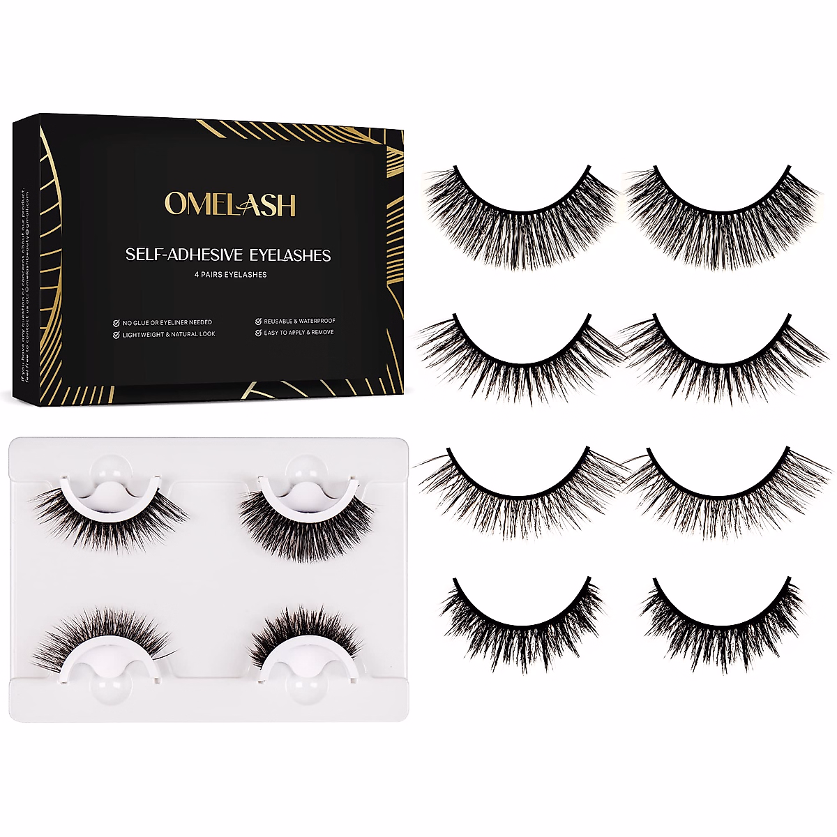 OMELASH Reusable Self Adhesive Eyelashes, Four Styles Waterproof False Eyelashes, No Glue False Eyelashes, Self Adhesive Eyelashes Reusable Self Sticking, False Eyelashes Natural Look(4 Pairs)