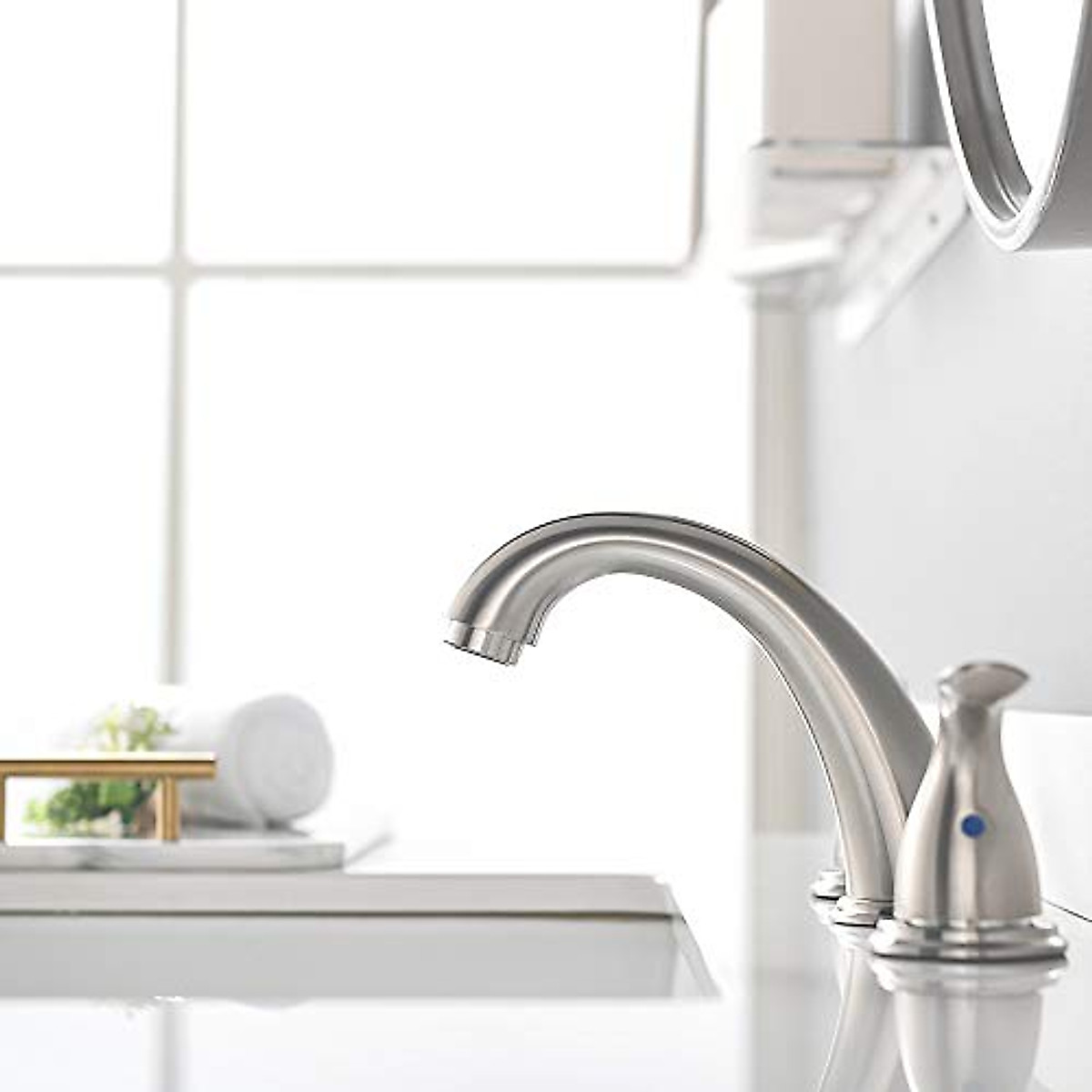 2 Handles 3 Holes Deck Mount Brushed Nickel Widespread Bathroom Faucet by phiestina,with Stainless Steel Pop Up Drain, WF008-5-BN