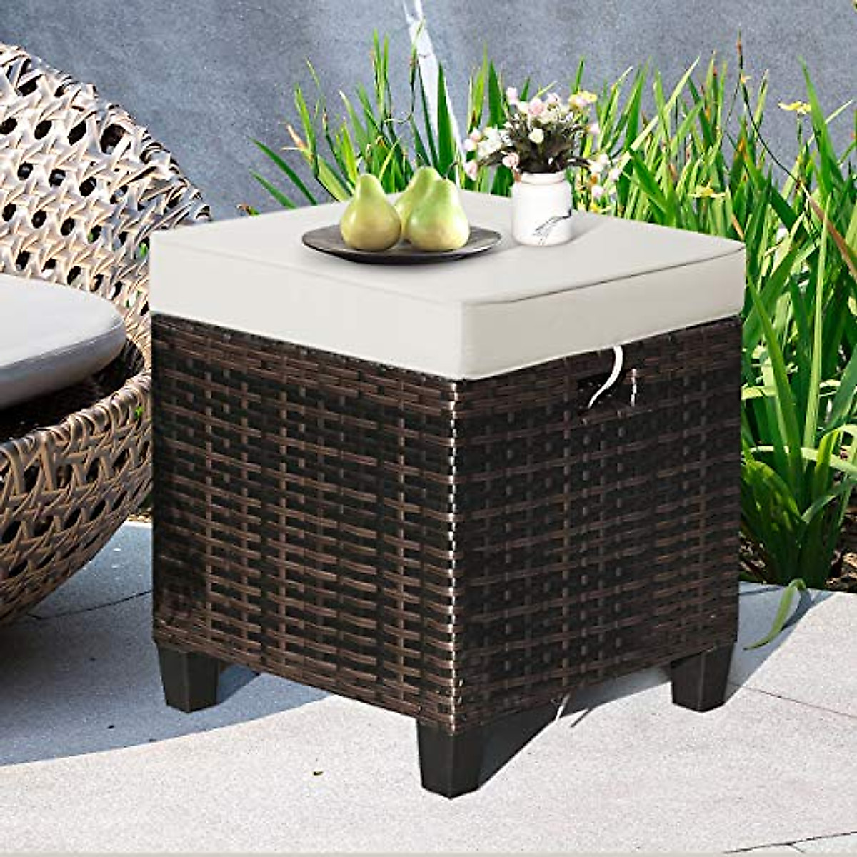 CLEEMAN Outdoor Ottoman Set of 2, All Weather Rattan Wicker Patio Ottoman w/Removable Cushions, Outdoor Footstool Footrest for Patio Garden Porch Poolside (Brown)