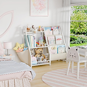 LATIBELL 3 Tier Kids Bookshelf and Toy Storage, Kids Book Sling Shelf, Montessori Baby Toddler Bookshelf for Kids, Kids Bookcase, Toy Storage Organizer, for Playroom, Bedroom, Nursery (White)