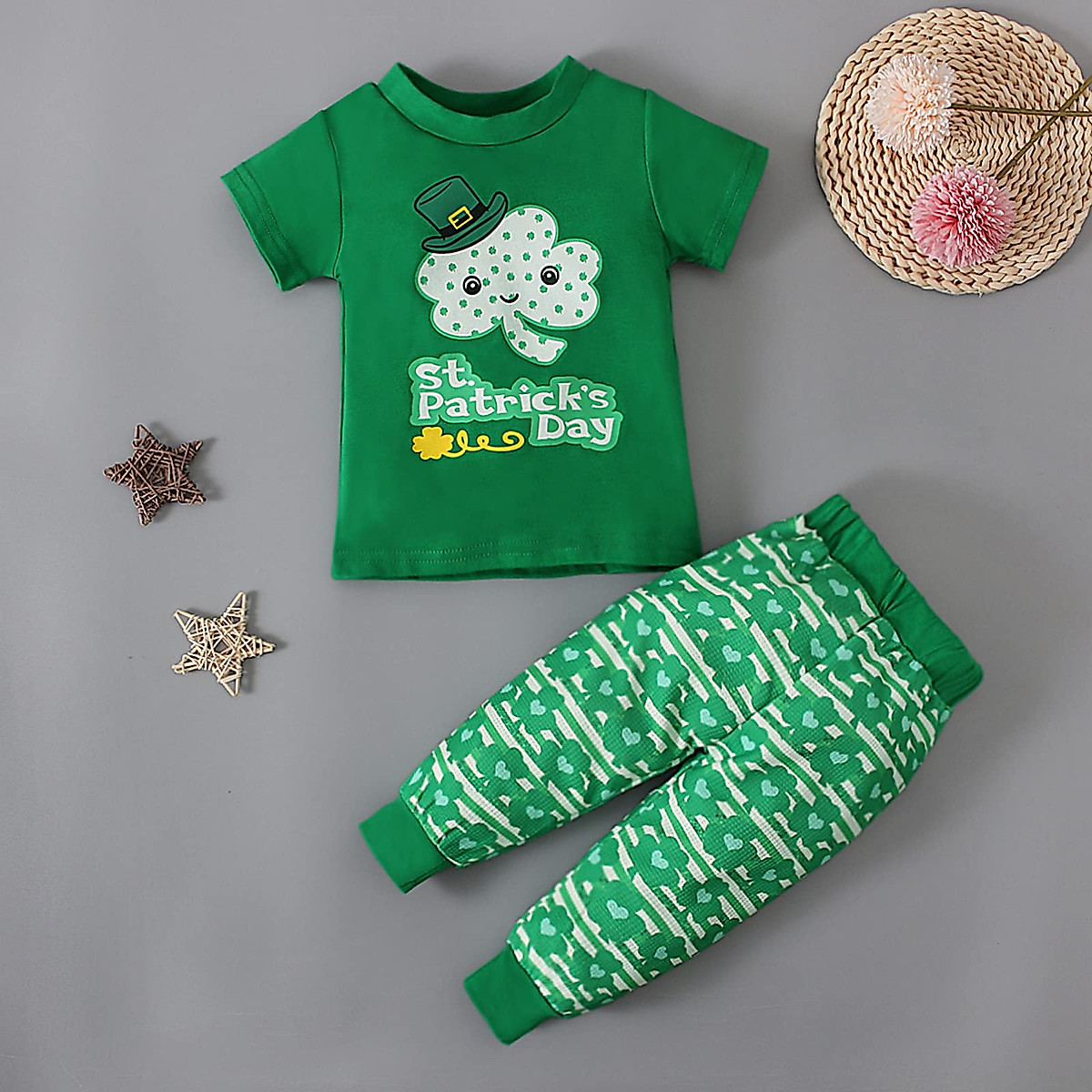 Toddler Girl St Patricks Day Outfits Shamrock Saint Patrick's Day Ruffle Dress Top T-Shirt+Clover Flared Pants Clothes Set (St Patrick, 3-4T)
