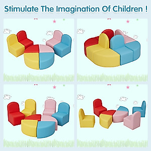 Kinsuite Kids Sofa Seating Set Convert to Table and 4 Chairs Colorful Stools for Toddlers Soft Foam Play 8 PCs Set for Classroom