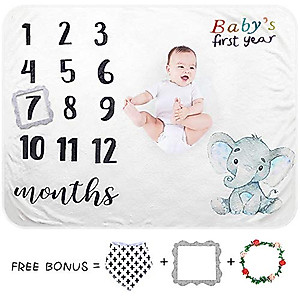 sunvito Baby Monthly Milestone Blanket Set Cute Newborn Boy Girl Photo Background with Soft Skin-friendly Flannel Baby Age Personalized Growth Month Elephant Chart Blankets Large - 47 x 40 Inches