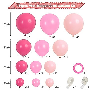 RUBFAC 156pcs Pink Balloons Garland Arch Kit, 5/10/12/18 Inch Hot Pink Light Pink Balloons for Mother’s Day Wedding Girl’s Birthday Baby Shower Princess Theme Party Decorations