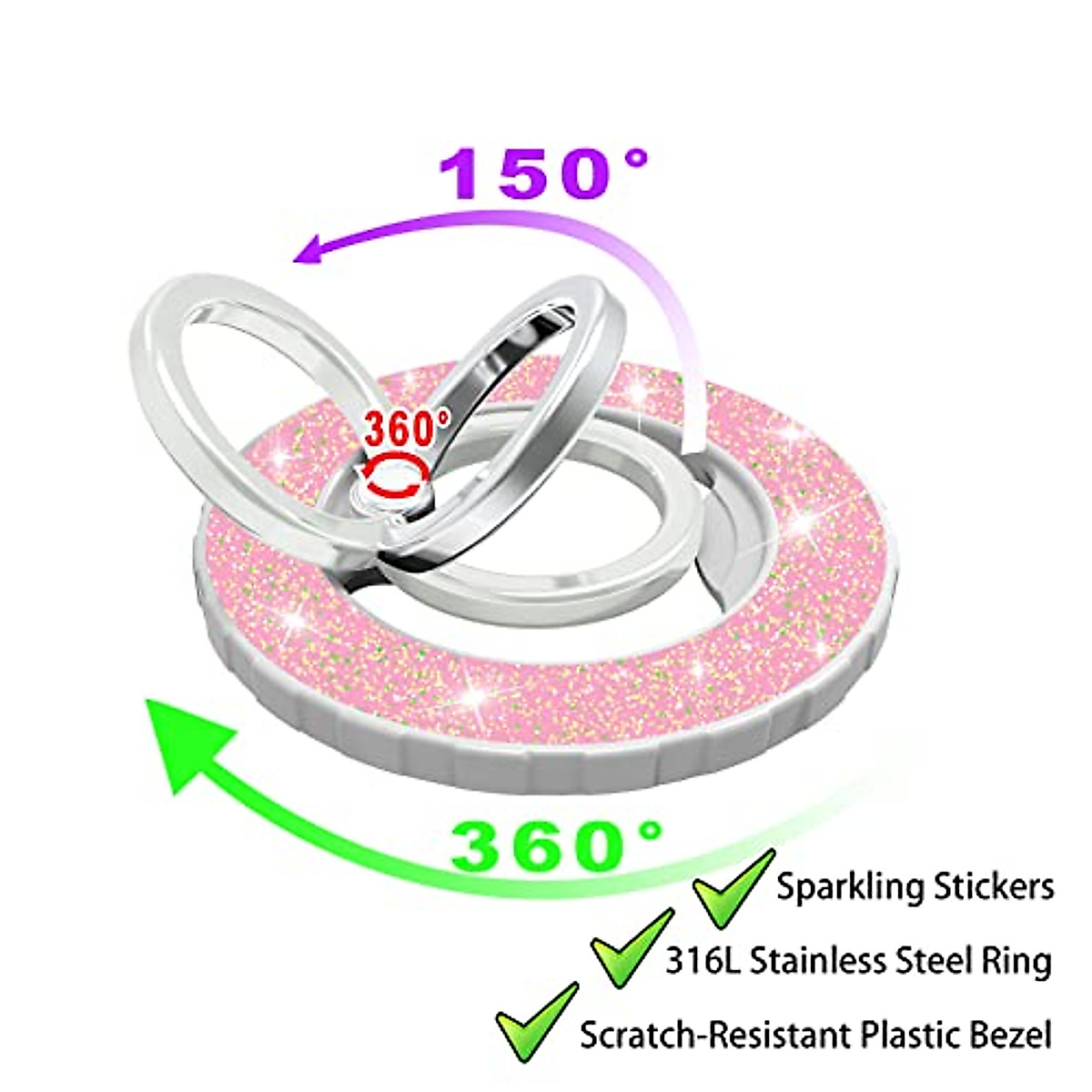 ROMSEA Magnetic Phone Ring Holder Stand, Adjustable Finger Ring Grip Collapsible Kickstand Compatible with for iPhone 14 13 12 Mag Safe Case Removable for Wireless Charging, Pink…