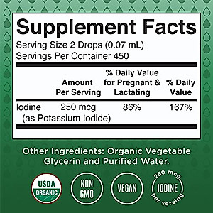 Potassium Iodide | Iodine Supplement | 1 Year Supply | Iodine Drops | USDA Organic | Nascent Iodine | Vegan | Packaging May Vary | 1 Fl Oz
